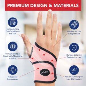 Dr. Arthritis Doctor Developed Premium Wrist Support/Strap/Wrist Brace/Hand Support Doctor Written Handbook— Wrist Injuries, Joint Disease, Sprains & More (Single, Pink)