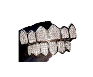 18k white gold plated cz cluster custom slugs top bottom grillz mouth teeth grills set - grillz, teeth cap, iced out grillz (top & bottom set)