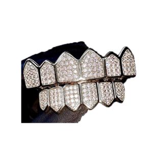 18K White Gold Plated CZ Cluster Custom Slugs Top Bottom Grillz Mouth Teeth Grills Set - Grillz, Teeth Cap, Iced Out Grillz (Top & Bottom Set)