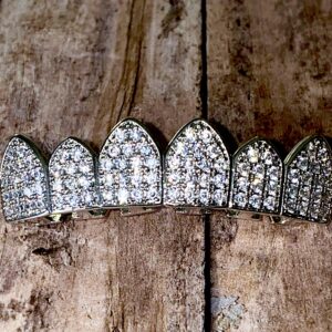 18K White Gold Plated CZ Cluster Custom Slugs Top Bottom Grillz Mouth Teeth Grills Set - Grillz, Teeth Cap, Iced Out Grillz (Top & Bottom Set)