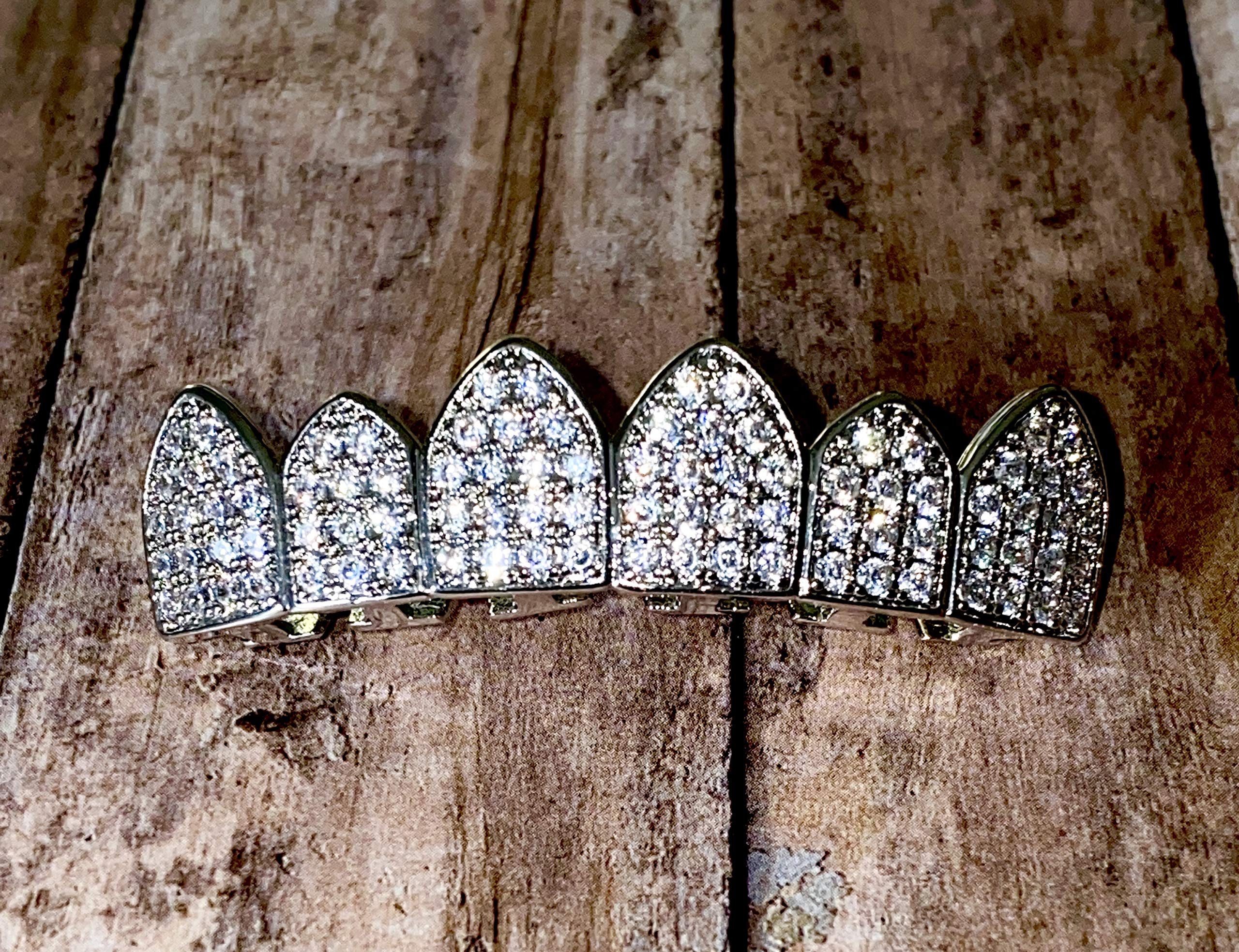 18K White Gold Plated CZ Cluster Custom Slugs Top Bottom Grillz Mouth Teeth Grills Set - Grillz, Teeth Cap, Iced Out Grillz (Top & Bottom Set)