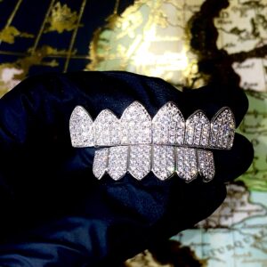 18K White Gold Plated CZ Cluster Custom Slugs Top Bottom Grillz Mouth Teeth Grills Set - Grillz, Teeth Cap, Iced Out Grillz (Top & Bottom Set)