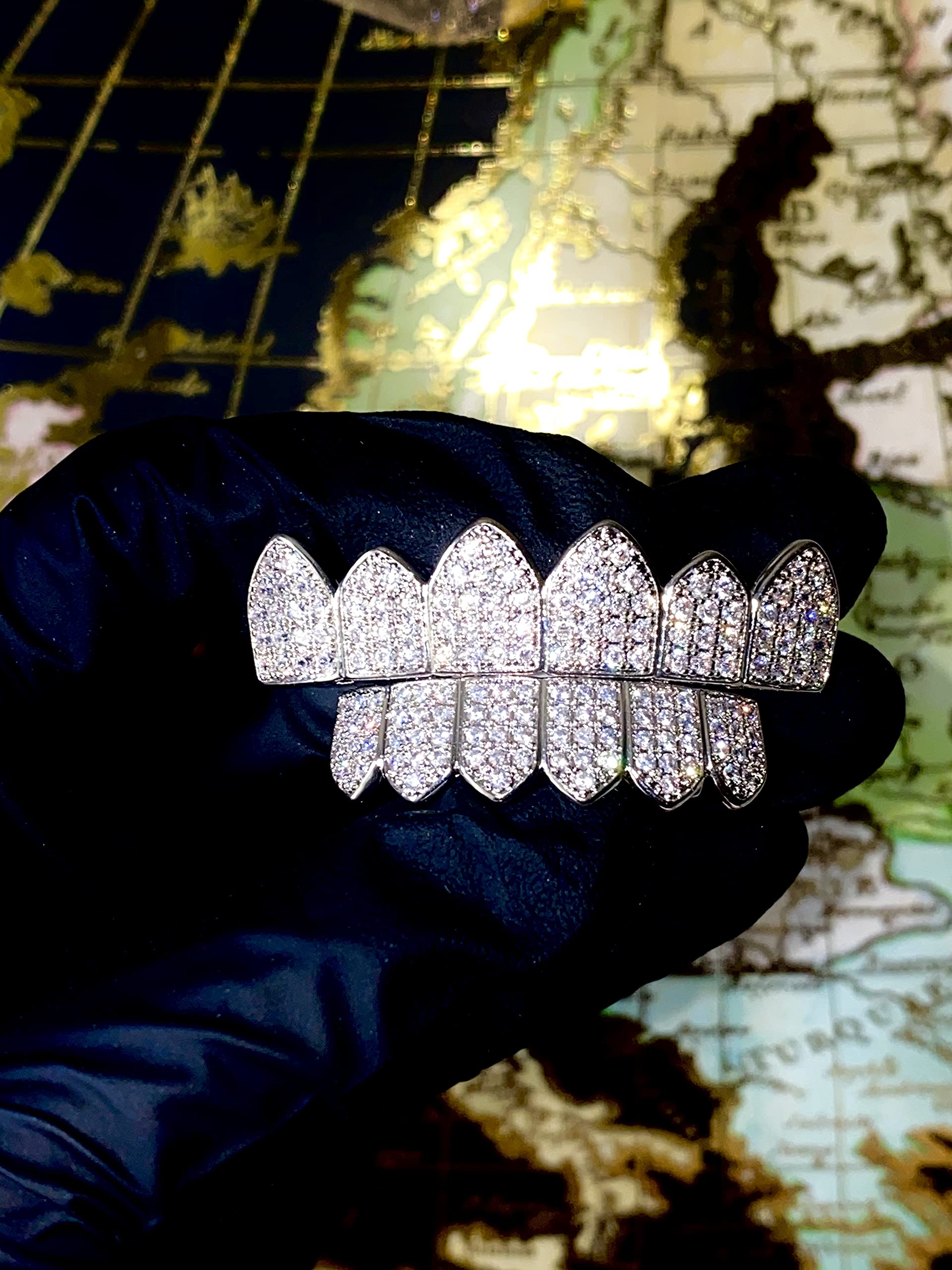 18K White Gold Plated CZ Cluster Custom Slugs Top Bottom Grillz Mouth Teeth Grills Set - Grillz, Teeth Cap, Iced Out Grillz (Top & Bottom Set)