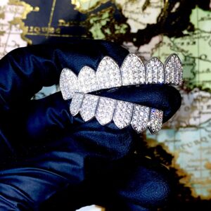 18K White Gold Plated CZ Cluster Custom Slugs Top Bottom Grillz Mouth Teeth Grills Set - Grillz, Teeth Cap, Iced Out Grillz (Top & Bottom Set)