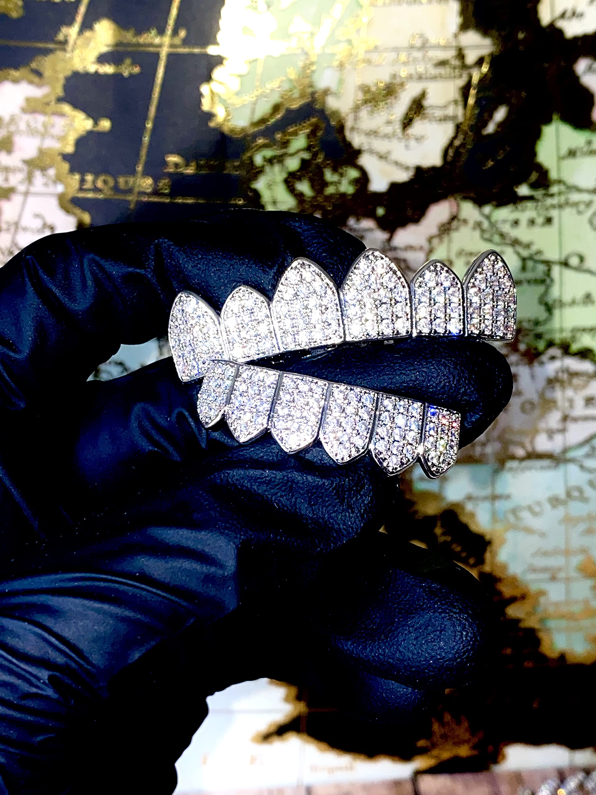 18K White Gold Plated CZ Cluster Custom Slugs Top Bottom Grillz Mouth Teeth Grills Set - Grillz, Teeth Cap, Iced Out Grillz (Top & Bottom Set)