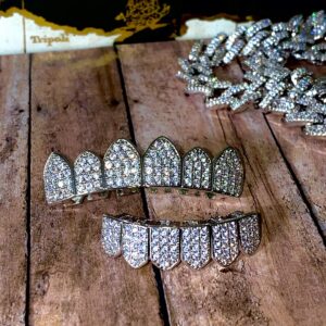 18K White Gold Plated CZ Cluster Custom Slugs Top Bottom Grillz Mouth Teeth Grills Set - Grillz, Teeth Cap, Iced Out Grillz (Top & Bottom Set)