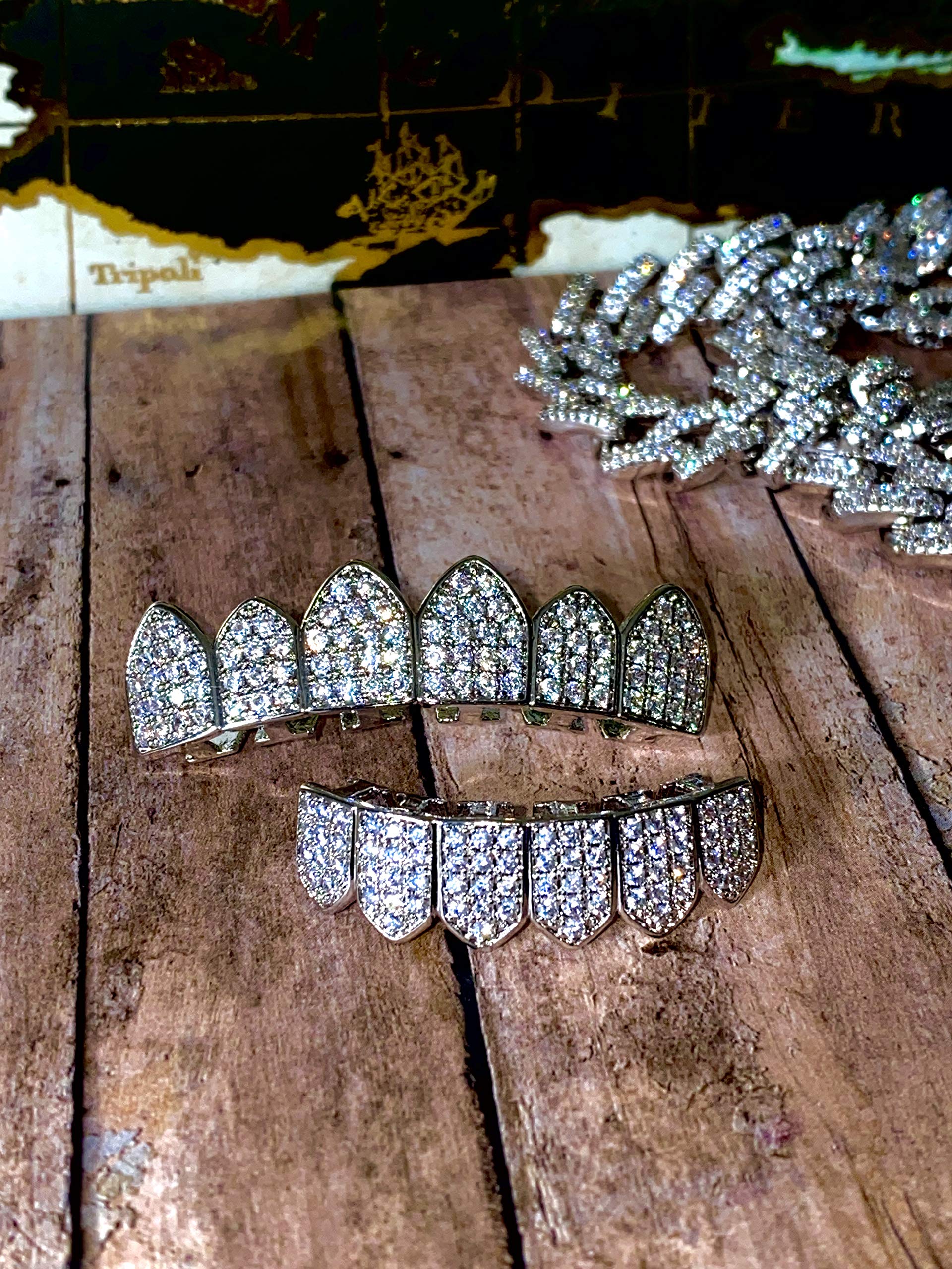 18K White Gold Plated CZ Cluster Custom Slugs Top Bottom Grillz Mouth Teeth Grills Set - Grillz, Teeth Cap, Iced Out Grillz (Top & Bottom Set)