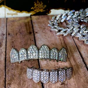 18K White Gold Plated CZ Cluster Custom Slugs Top Bottom Grillz Mouth Teeth Grills Set - Grillz, Teeth Cap, Iced Out Grillz (Top & Bottom Set)