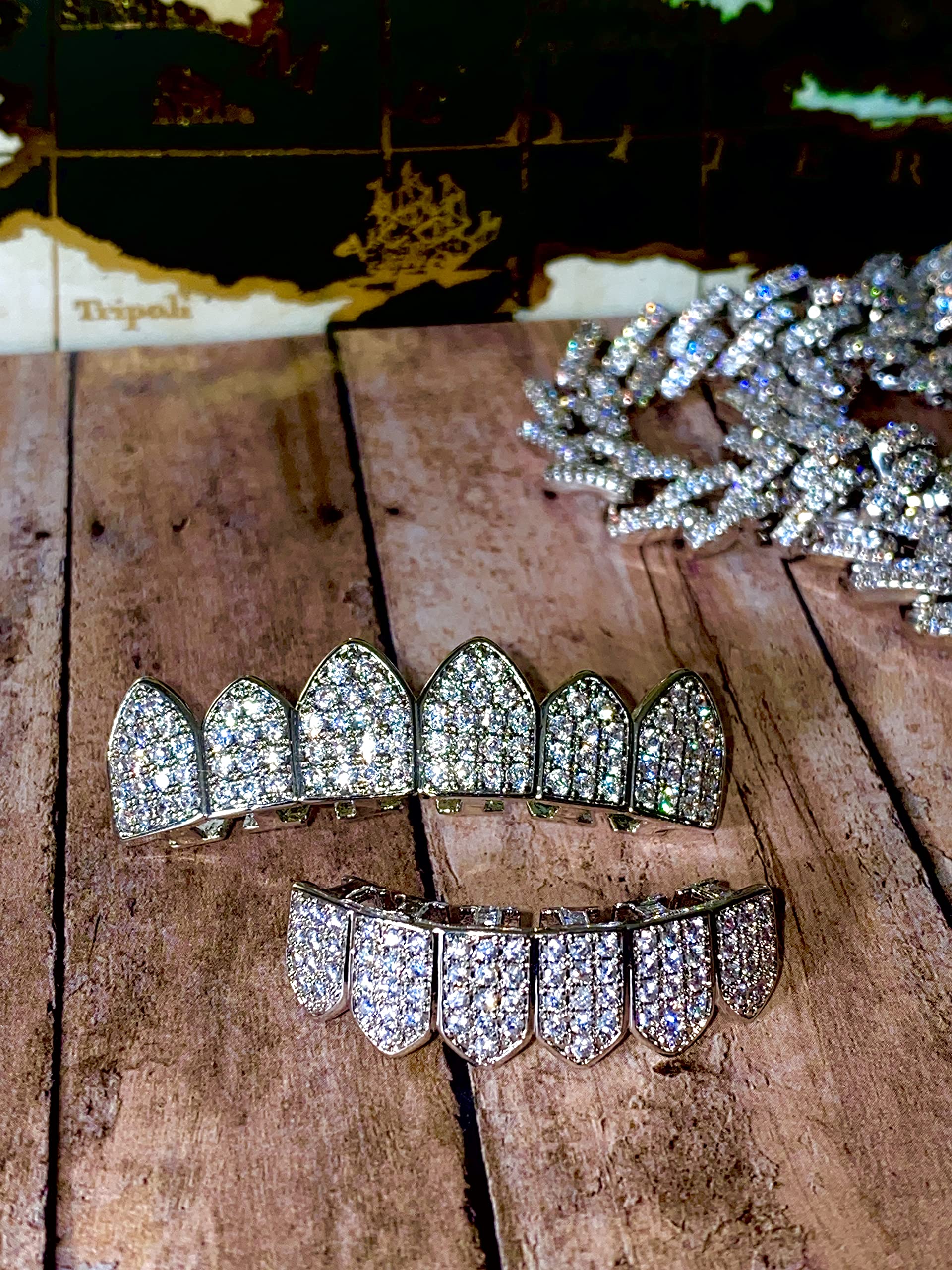 18K White Gold Plated CZ Cluster Custom Slugs Top Bottom Grillz Mouth Teeth Grills Set - Grillz, Teeth Cap, Iced Out Grillz (Top & Bottom Set)