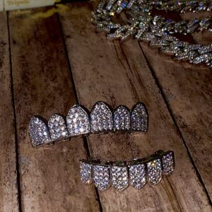 18K White Gold Plated CZ Cluster Custom Slugs Top Bottom Grillz Mouth Teeth Grills Set - Grillz, Teeth Cap, Iced Out Grillz (Top & Bottom Set)