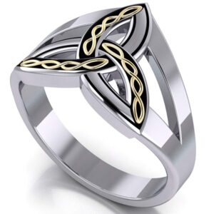 braided trinity knot ring, two-tone solid sterling silver and 18kt gold accent, celtic triquetra size 6(sizes 5,6,7,8,9,10,11,12,13)