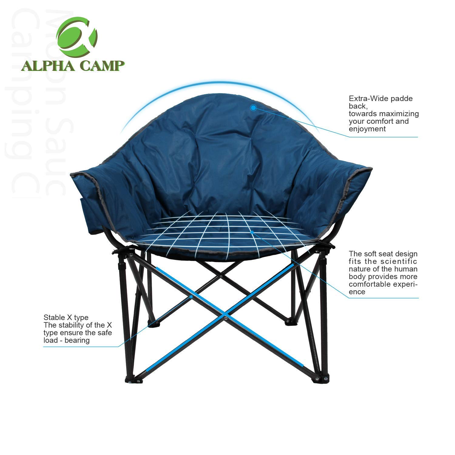 ALPHA CAMP Oversized Camping Chairs Padded Moon Club Chair Portable with Folding Cup Holder and Carry Bag