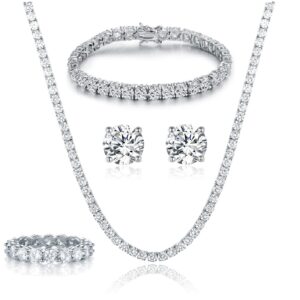 gemsme 18k white gold plated tennis necklace/bracelet/earrings/band ring sets pack of 4 (7)