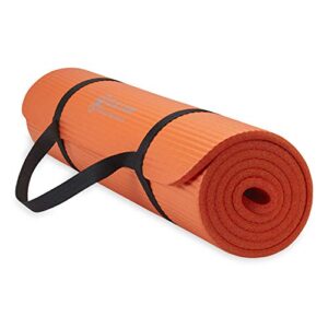 gaiam essentials thick yoga mat fitness & exercise mat with easy-cinch carrier strap, orange, 72""l x 24""w x 2/5 inch thick-10mm