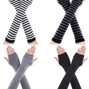 Bememo 4 Pairs Punk Gothic Long Fingerless Gloves Knitted Arm Warmer Elbow Length Gloves Thumb Hole Gloves (Dark Grey, Light Grey, Striped Color)