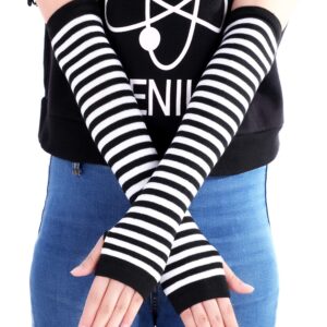 Bememo 4 Pairs Punk Gothic Long Fingerless Gloves Knitted Arm Warmer Elbow Length Gloves Thumb Hole Gloves (Dark Grey, Light Grey, Striped Color)