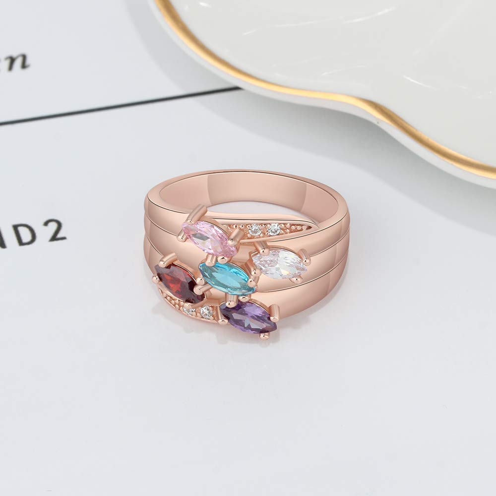 JewelOra Personalized Mothers Rings with 5 Simulated Birthstones Family Promise Rings for Her Engraved 5 Names (Rose Gold, 9)