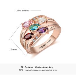 JewelOra Personalized Mothers Rings with 5 Simulated Birthstones Family Promise Rings for Her Engraved 5 Names (Rose Gold, 9)