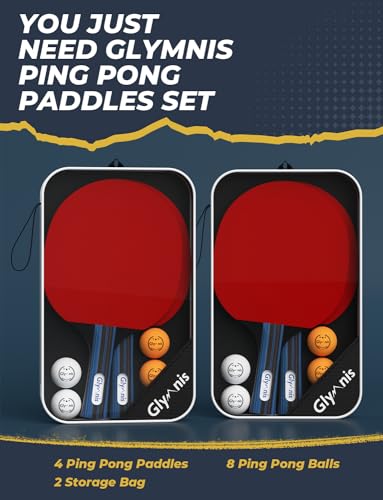 Glymnis Ping Pong Paddles Set of 4 Table Tennis Rackets with 8 Balls, Storage Case for Indoor Outdoor Table Tennis Paddle Game Accessories