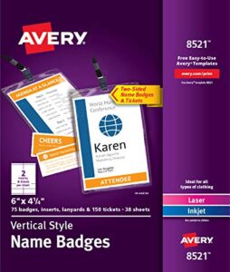 avery customizable name badges, 6" x 4.25", printable name tag inserts with tickets, 75 vertical name tag holders with lanyards (8521)