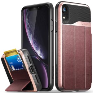 vena iphone xr wallet case, vcommute (military grade drop protection) flip leather cover card slot holder with kickstand, designed for apple iphone xr - rose gold