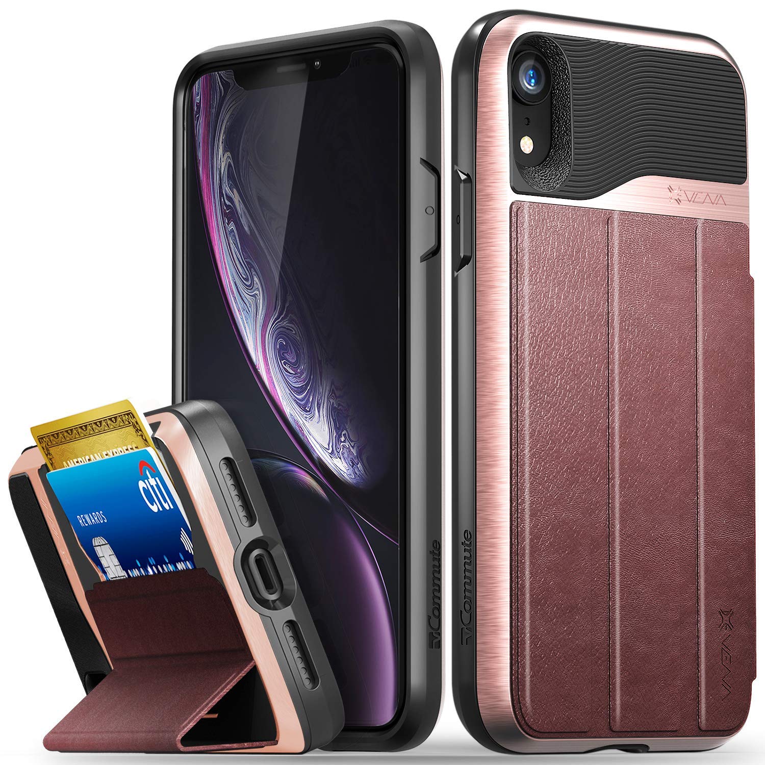 VENA iPhone XR Wallet Case, vCommute (Military Grade Drop Protection) Flip Leather Cover Card Slot Holder with Kickstand, Designed for Apple iPhone XR - Rose Gold