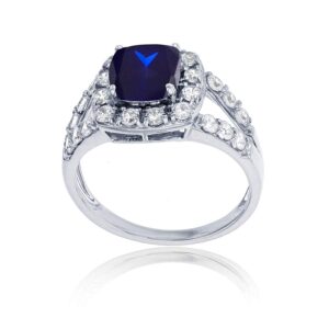 decadence sterling silver rhodium 7mm cushion created blue sapphire & 2mm round created white sapphire ring