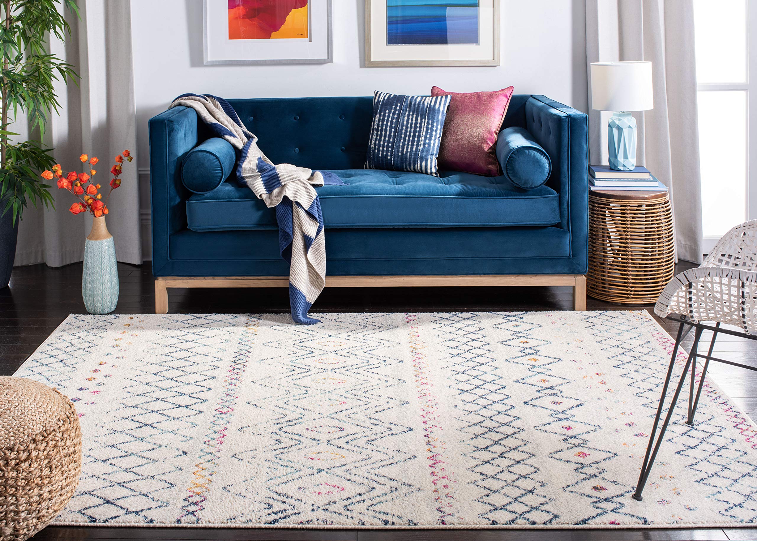 SAFAVIEH Madison Collection Area Rug - 8' x 10', Ivory & Dark Blue, Moroccan Boho Distressed Design, Non-Shedding & Easy Care, Ideal for High Traffic Areas in Living Room, Bedroom (MAD798B)