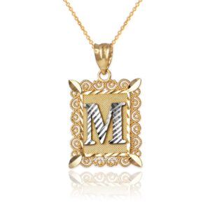 la blingz 14k yellow gold filigree alphabet initial letter m dc pendant necklace (16" necklace)