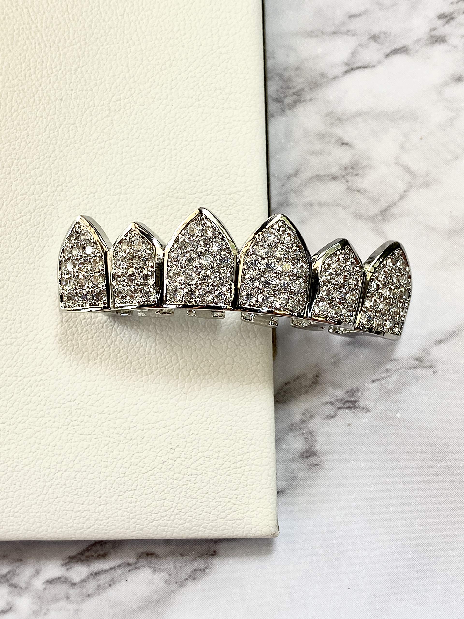 18K White Gold Plated CZ Cluster Custom Slugs Top Grillz Mouth Teeth Grills - Grillz, Teeth Cap, Iced Out Grillz (Top)