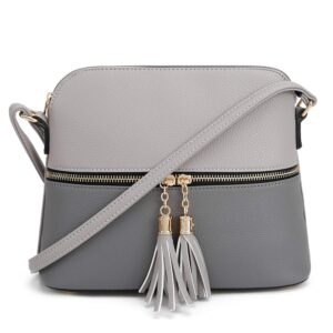 sg sugu lunar lightweight medium dome crossbody bag shoulder bag with double tassels | zipper pocket | adjustable strap|gray/dark gray