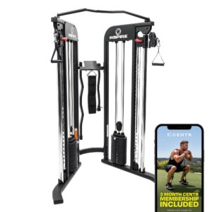 inspire fitness ftx functional trainer - compact at home workout machine with accessories - space saving design - home gym cable machine and two 165 lb weight stacks