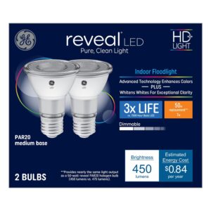 ge reveal 2-pack 50 w equivalent dimmable color-enhancing par20 led light fixture light bulbs