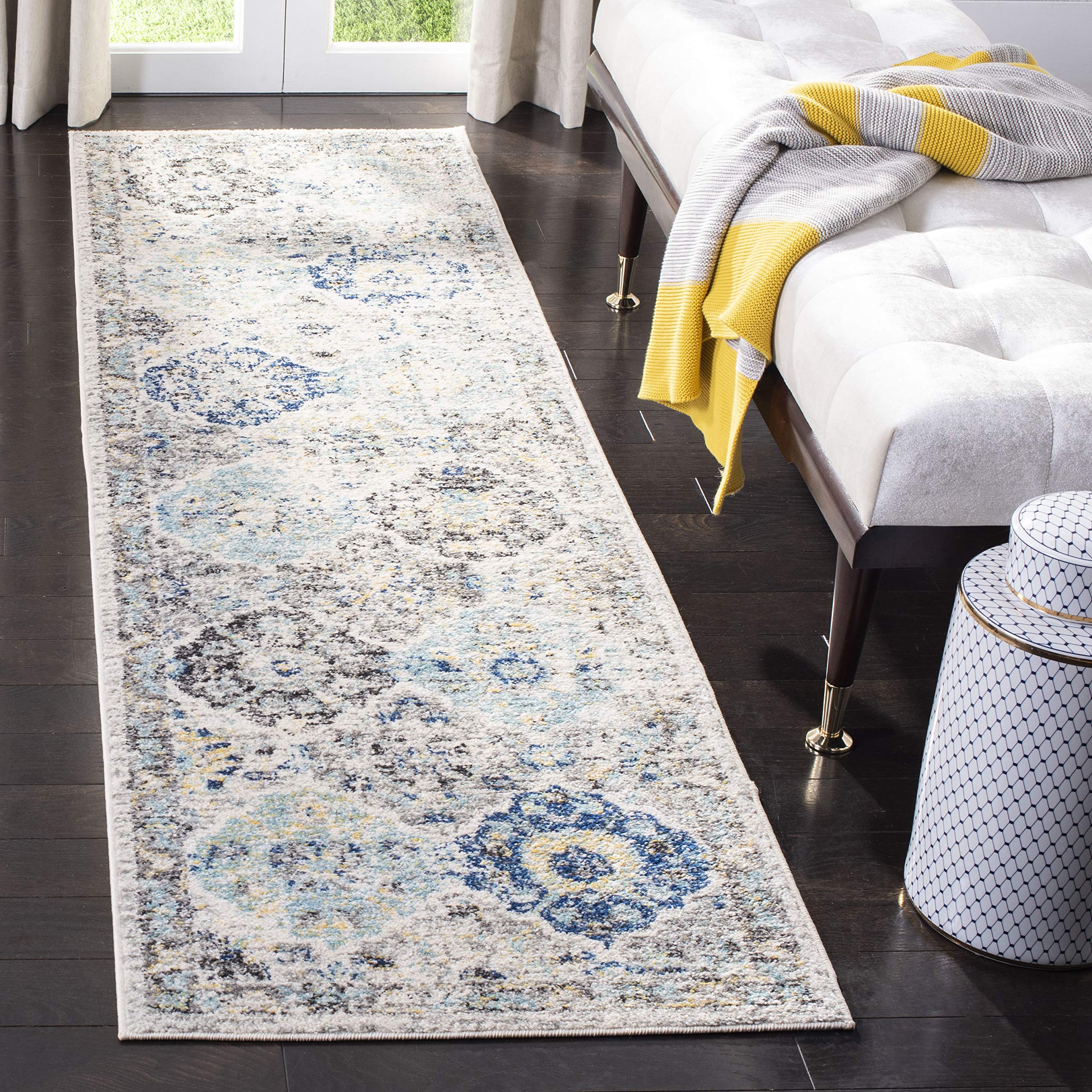 SAFAVIEH Madison Collection Runner Rug - 2'3" x 10', Ivory & Aqua, Boho Chic Distressed Design, Non-Shedding & Easy Care, Ideal for High Traffic Areas in Living Room, Bedroom (MAD611A)