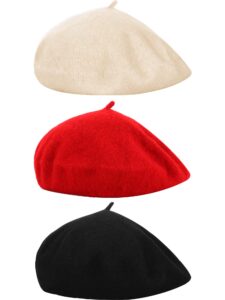 3 pieces beret hat french style beanie cap solid color winter hat for women and girls casual use (black, beige, red)