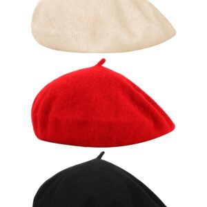 3 Pieces Beret Hat French Style Beanie Cap Solid Color Winter Hat for Women and Girls Casual Use (Black, Beige, Red)