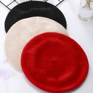 3 Pieces Beret Hat French Style Beanie Cap Solid Color Winter Hat for Women and Girls Casual Use (Black, Beige, Red)