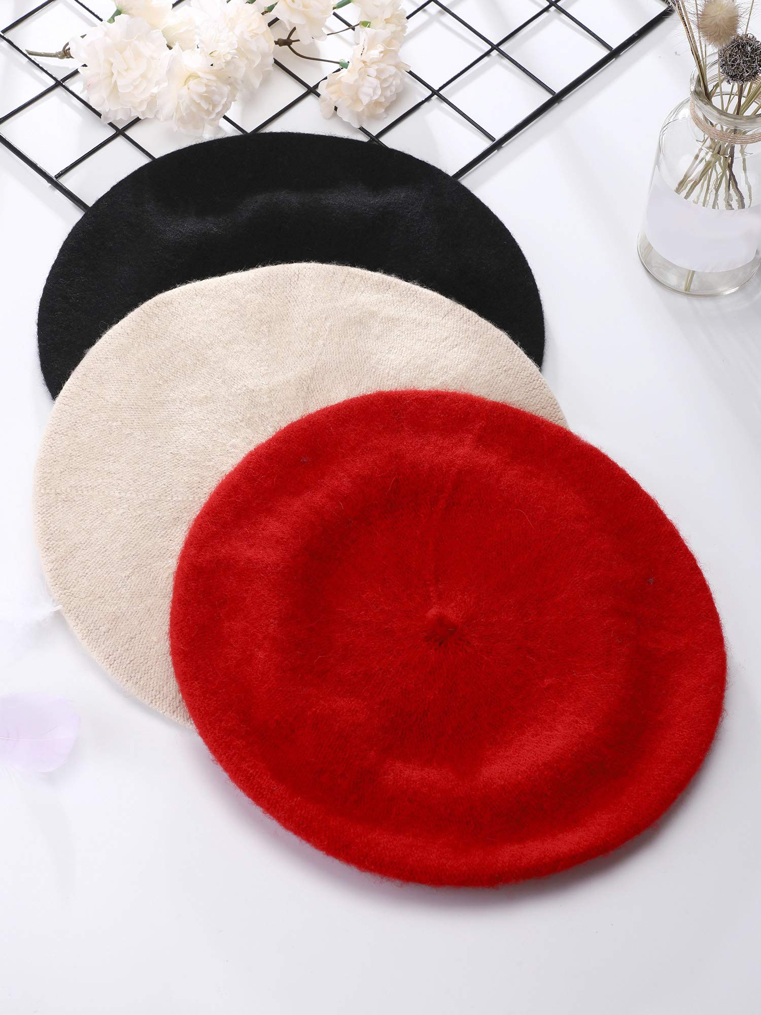 3 Pieces Beret Hat French Style Beanie Cap Solid Color Winter Hat for Women and Girls Casual Use (Black, Beige, Red)