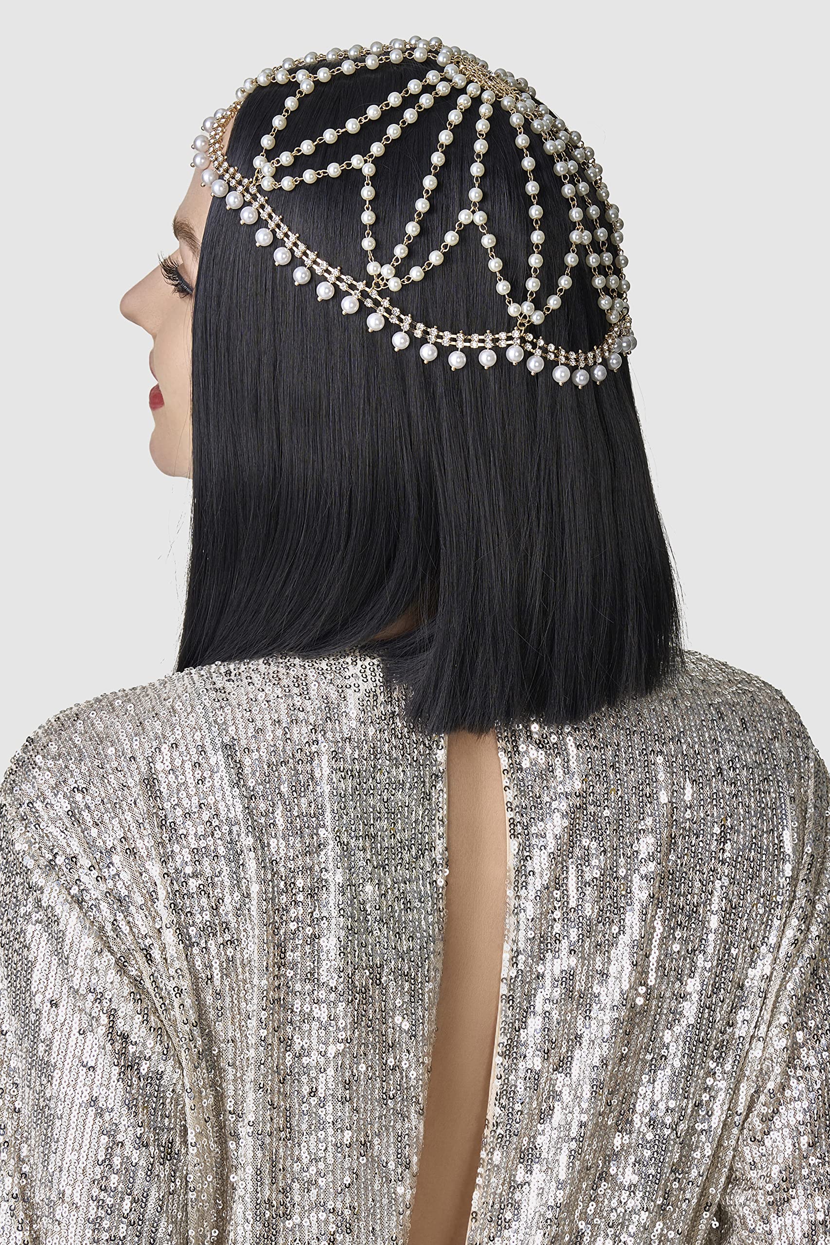 BABEYOND 1920s Crystal Cap Headpiece Rhinestone Head Chain Roaring 20s Great Gatsby Hair Accessories for Art Deco Party