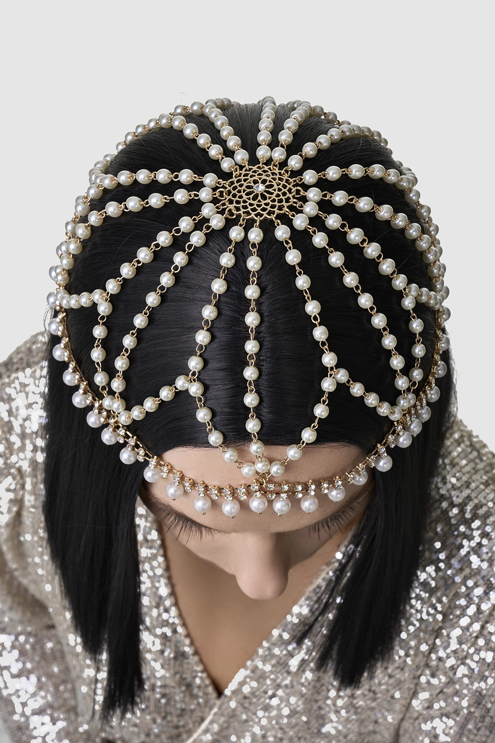 BABEYOND 1920s Crystal Cap Headpiece Rhinestone Head Chain Roaring 20s Great Gatsby Hair Accessories for Art Deco Party