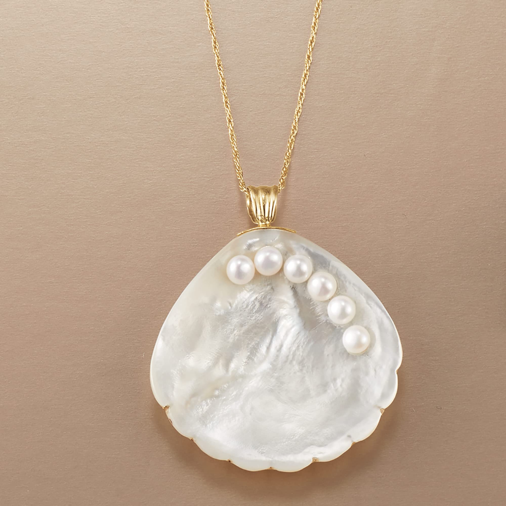 Ross-Simons Mother-Of-Pearl Seashell Pendant With 4-4.5mm Cultured Pearls in 14kt Yellow Gold