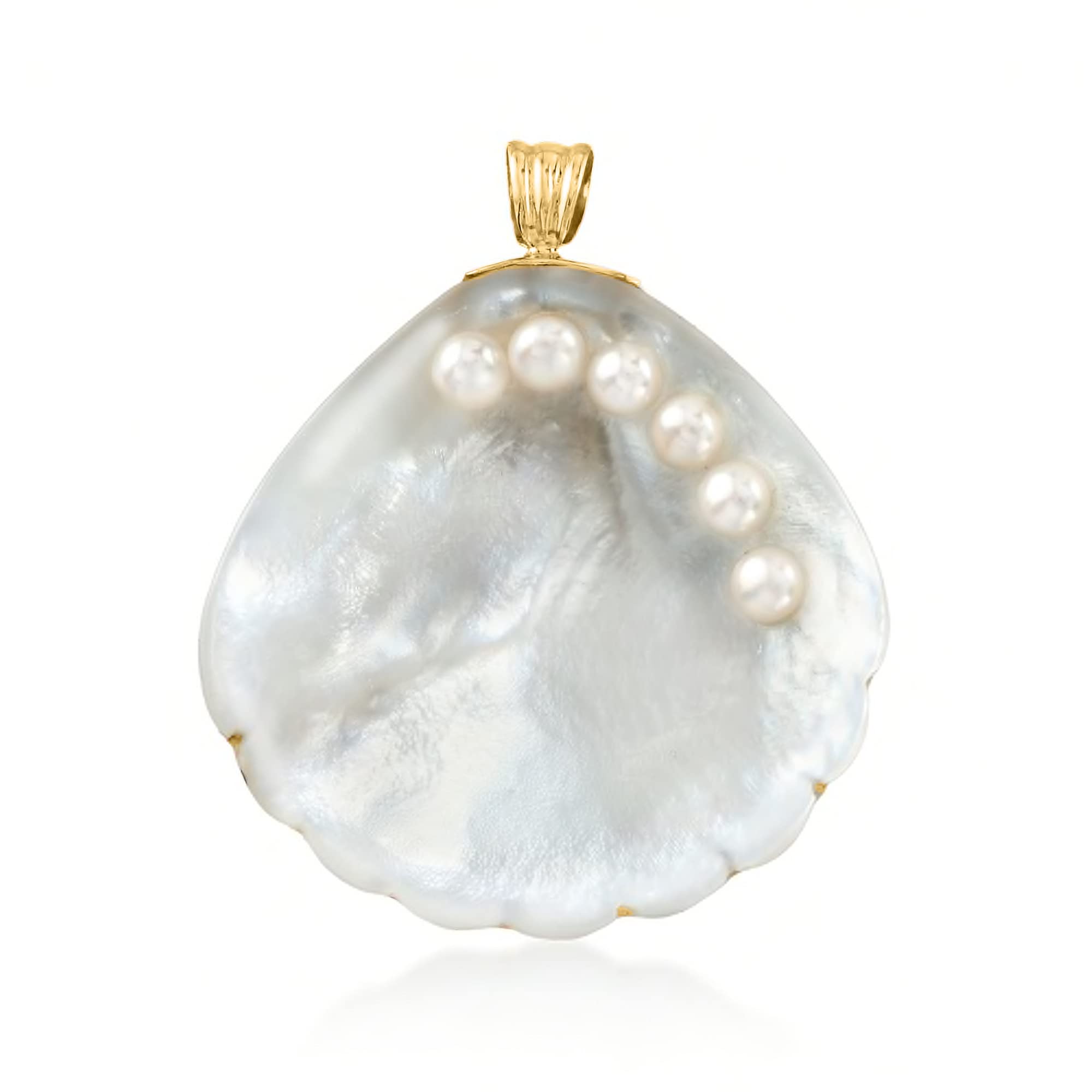 Ross-Simons Mother-Of-Pearl Seashell Pendant With 4-4.5mm Cultured Pearls in 14kt Yellow Gold