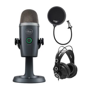 blue microphones yeti nano usb microphone (shadow gray) bundle with studio headphones and pop filter compatible with blue sherpa companion app (3 items)