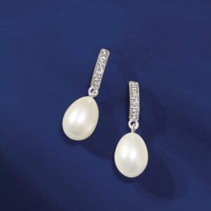 Ross-Simons 8-9mm Cultured Pearl Dangle Earrings With Diamond Accents in Sterling Silver