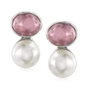 ross-simons 14.00 ct. t.w. rose quartz and 14-14.5mm cultured pearl earrings in sterling silver