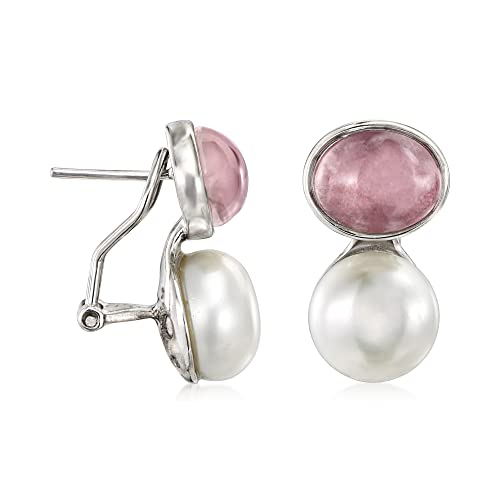 Ross-Simons 14.00 ct. t.w. Rose Quartz and 14-14.5mm Cultured Pearl Earrings in Sterling Silver