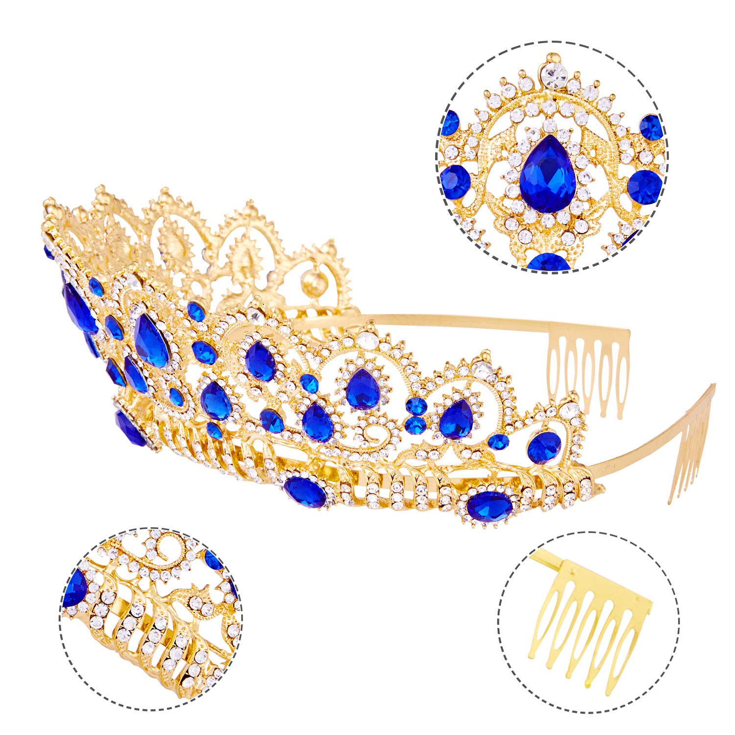 Tiara,Vofler Gold Crown Baroque Vintage Headband Crystal Blue Rhinestone Sapphire Hair Jewelry for Women Queen Ladies Girl Bride Princess Birthday Wedding Pageant Halloween Costume Party with Combs