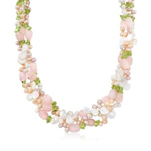 ross-simons 4-5mm multicolored cultured pearl and multi-gemstone torsade necklace with sterling silver. 19 inches