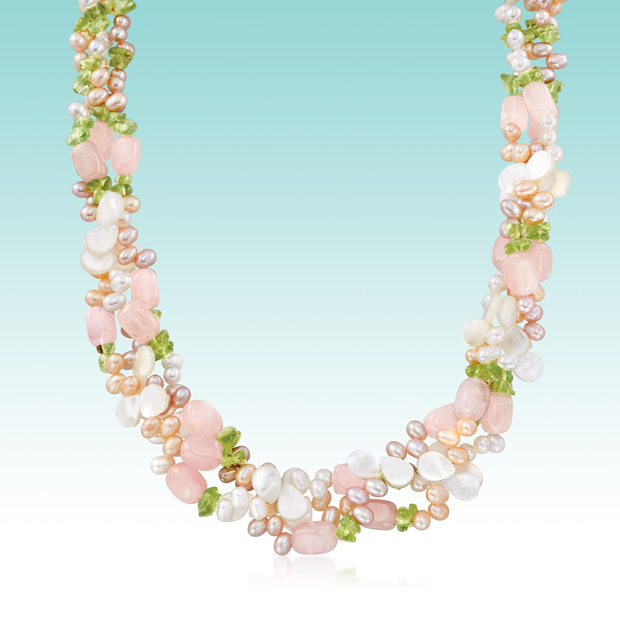 Ross-Simons 4-5mm Multicolored Cultured Pearl and Multi-Gemstone Torsade Necklace With Sterling Silver. 19 inches