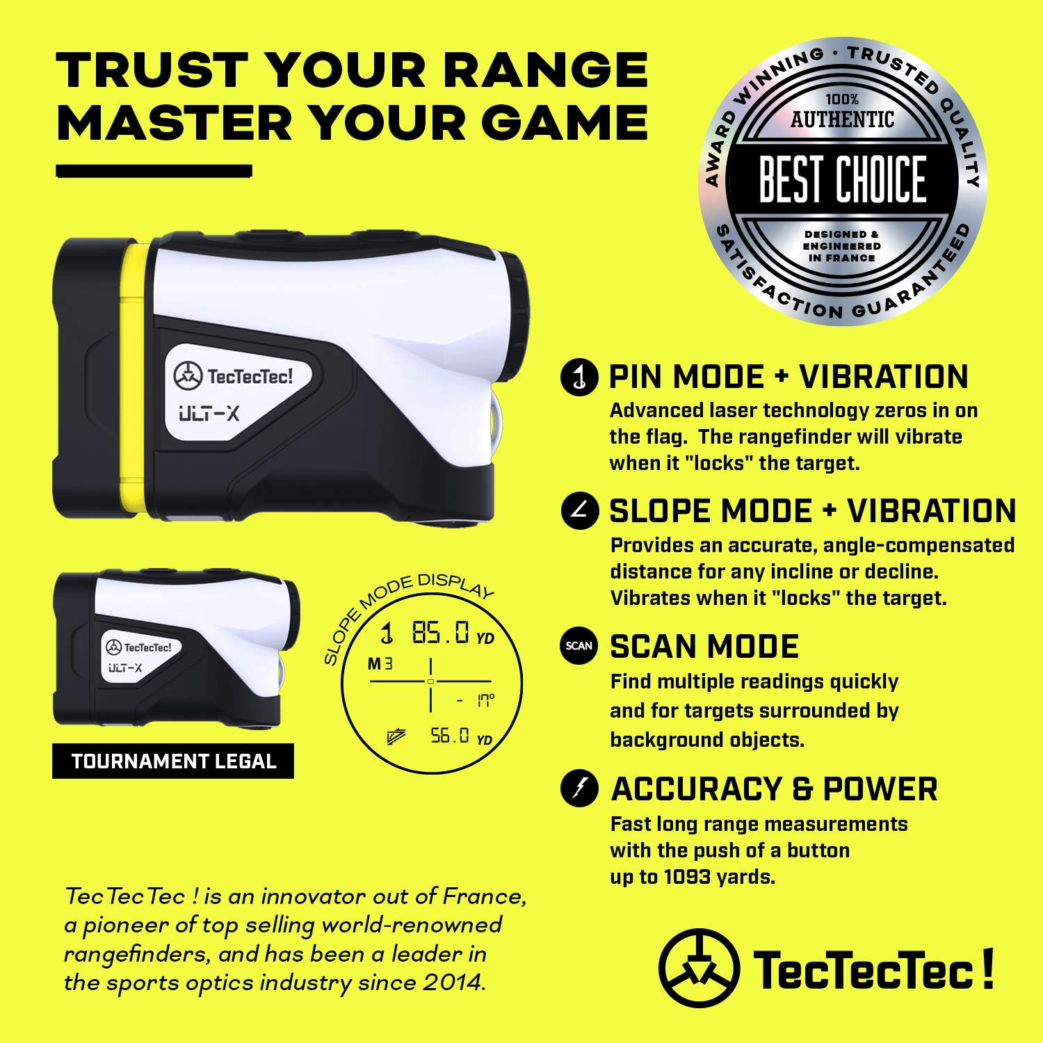 TecTecTec ULT-X High-Precision Golf Rangefinder, Laser Range Finder Binoculars with 6X Magnification, Slope Mode, Vibration, Continuous Scan CR-2 Battery for Measurement Golfing and Hunting